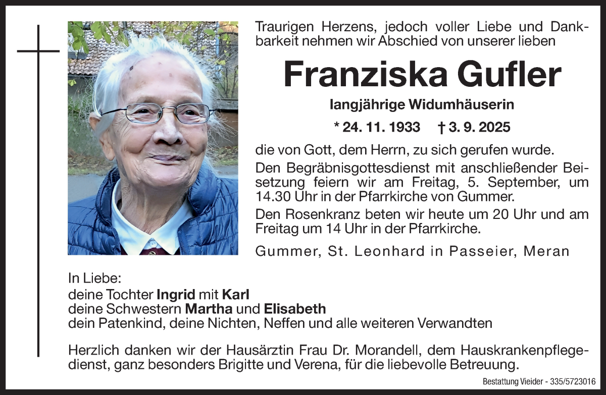 Franziska Gufler | Südtirols größtes Trauerportal · Trauerportal Südtirol